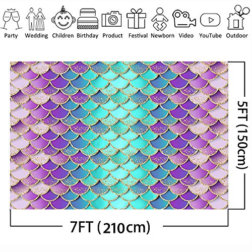 Avezano Mermaid Birthday Backdrop Glitter Mermaid Scales Backdrops Kids Birthday Party Decor Girls Princess Baby Shower Photo Background Purple Aqua Green Shell Backdrop (7x5ft)