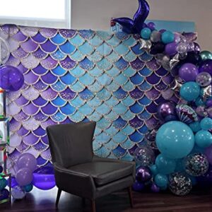 Avezano Mermaid Birthday Backdrop Glitter Mermaid Scales Backdrops Kids Birthday Party Decor Girls Princess Baby Shower Photo Background Purple Aqua Green Shell Backdrop (7x5ft)