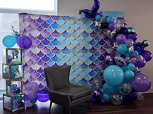 Avezano Mermaid Birthday Backdrop Glitter Mermaid Scales Backdrops Kids Birthday Party Decor Girls Princess Baby Shower Photo Background Purple Aqua Green Shell Backdrop (7x5ft)