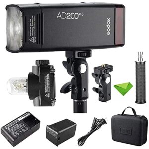 godox ad200 pro ad200pro 200ws 2.4g flash strobe, 1/8000 hss, 500 full power flashes, 0.01-1.8s recycling, 2900mah battery, bare bulb/speedlite fresnel flash head pocket flash monolight