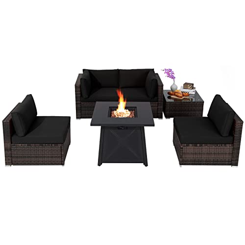 Tangkula 6-Piece Patio Furniture Set with 30” Propane Fire Pit Table, Outdoor PE Wicker Conversation Set with Cushions and Tempered Glass Coffee Table, Gas Fire Pit Table with 50,000 BTU (Black)