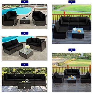 Tangkula 6-Piece Patio Furniture Set with 30” Propane Fire Pit Table, Outdoor PE Wicker Conversation Set with Cushions and Tempered Glass Coffee Table, Gas Fire Pit Table with 50,000 BTU (Black)