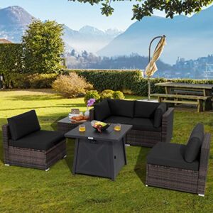 Tangkula 6-Piece Patio Furniture Set with 30” Propane Fire Pit Table, Outdoor PE Wicker Conversation Set with Cushions and Tempered Glass Coffee Table, Gas Fire Pit Table with 50,000 BTU (Black)