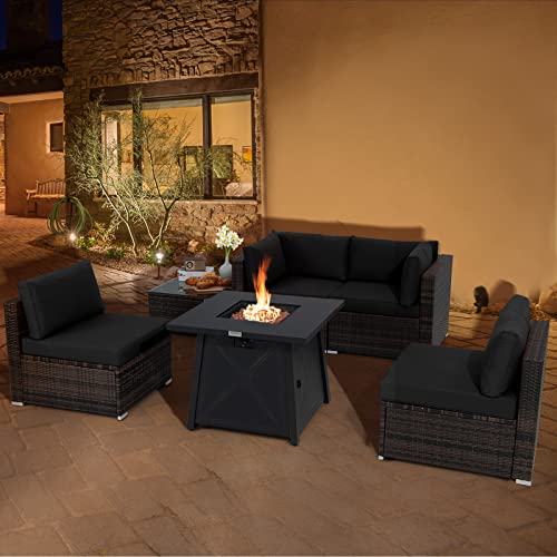 Tangkula 6-Piece Patio Furniture Set with 30” Propane Fire Pit Table, Outdoor PE Wicker Conversation Set with Cushions and Tempered Glass Coffee Table, Gas Fire Pit Table with 50,000 BTU (Black)