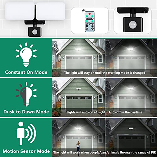 Zorykn 20W Motion Sensor LED Security Light with Remote Control, 1600LM 5000K Dusk to Dawn Plug in Outdoor Flood Light, 2 Adjustable Heads, IP65 Waterproof, 3 Lighting Modes Perfect for Porch, Garden