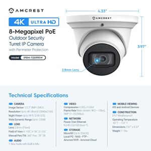 Amcrest 2-Pack UltraHD 4K (8MP) Outdoor Security IP Turret PoE Camera, 3840x2160, 98ft NightVision, 2.8mm Lens, IP67 Weatherproof, MicroSD Recording (256GB), White (2PACK-IP8M-T2599EW)