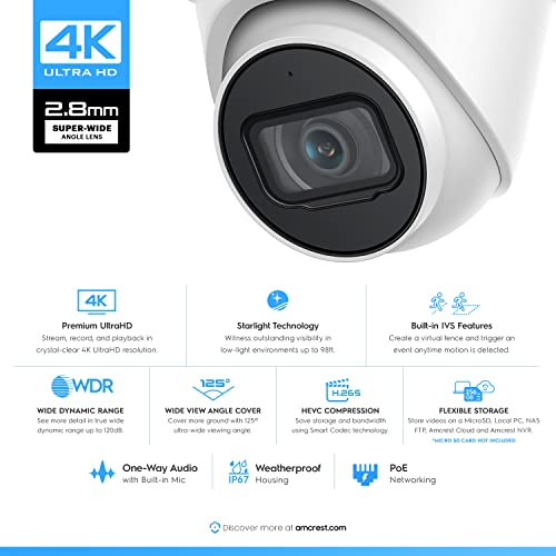 Amcrest 2-Pack UltraHD 4K (8MP) Outdoor Security IP Turret PoE Camera, 3840x2160, 98ft NightVision, 2.8mm Lens, IP67 Weatherproof, MicroSD Recording (256GB), White (2PACK-IP8M-T2599EW)