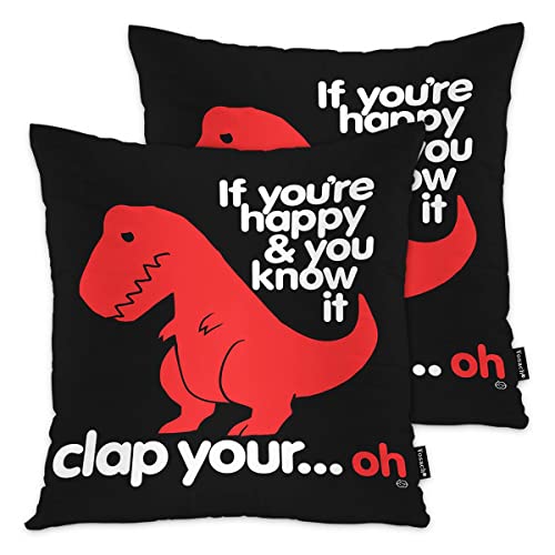 Vosach Dinosaur Outdoor Indoor Pillow Covers, Red Dino If You are Happy You Know It Home Decorative Throw Pillow Case Cushion Cover for Sofa/Bed/Patio/Garden/Balcony, 18x18 Inch, 2 Pcs