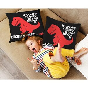 Vosach Dinosaur Outdoor Indoor Pillow Covers, Red Dino If You are Happy You Know It Home Decorative Throw Pillow Case Cushion Cover for Sofa/Bed/Patio/Garden/Balcony, 18x18 Inch, 2 Pcs