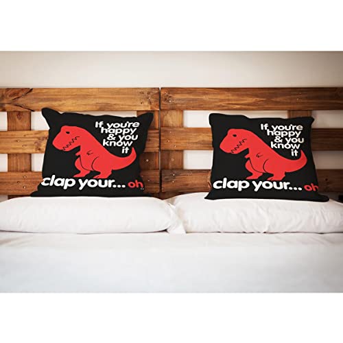 Vosach Dinosaur Outdoor Indoor Pillow Covers, Red Dino If You are Happy You Know It Home Decorative Throw Pillow Case Cushion Cover for Sofa/Bed/Patio/Garden/Balcony, 18x18 Inch, 2 Pcs