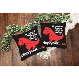 Vosach Dinosaur Outdoor Indoor Pillow Covers, Red Dino If You are Happy You Know It Home Decorative Throw Pillow Case Cushion Cover for Sofa/Bed/Patio/Garden/Balcony, 18x18 Inch, 2 Pcs