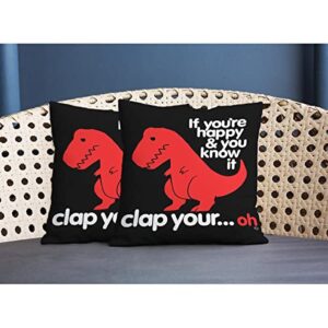 Vosach Dinosaur Outdoor Indoor Pillow Covers, Red Dino If You are Happy You Know It Home Decorative Throw Pillow Case Cushion Cover for Sofa/Bed/Patio/Garden/Balcony, 18x18 Inch, 2 Pcs