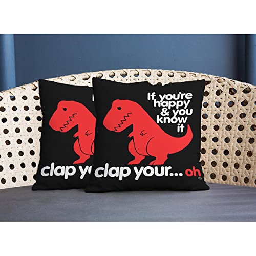 Vosach Dinosaur Outdoor Indoor Pillow Covers, Red Dino If You are Happy You Know It Home Decorative Throw Pillow Case Cushion Cover for Sofa/Bed/Patio/Garden/Balcony, 18x18 Inch, 2 Pcs