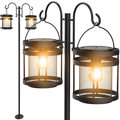 Solar Outdoor Floor Lamp with 2 Hanging Lanterns JACKYLED Solar Landscape Floor Lamp with Shepherd Hook Pole 61'' Tall, IP65 Waterproof Metal Solar Outdoor Lights for Garden Patio Porch Deck Yard Path