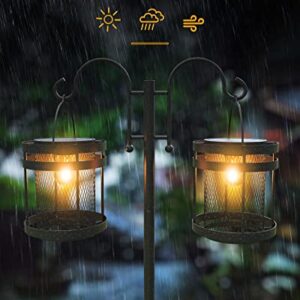 Solar Outdoor Floor Lamp with 2 Hanging Lanterns JACKYLED Solar Landscape Floor Lamp with Shepherd Hook Pole 61'' Tall, IP65 Waterproof Metal Solar Outdoor Lights for Garden Patio Porch Deck Yard Path