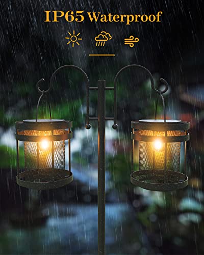 Solar Outdoor Floor Lamp with 2 Hanging Lanterns JACKYLED Solar Landscape Floor Lamp with Shepherd Hook Pole 61'' Tall, IP65 Waterproof Metal Solar Outdoor Lights for Garden Patio Porch Deck Yard Path