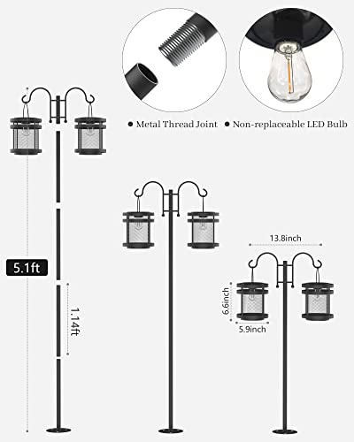 Solar Outdoor Floor Lamp with 2 Hanging Lanterns JACKYLED Solar Landscape Floor Lamp with Shepherd Hook Pole 61'' Tall, IP65 Waterproof Metal Solar Outdoor Lights for Garden Patio Porch Deck Yard Path