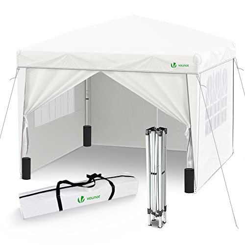 VOUNOT 10*10ft Pop Up Gazebo Tent, Canopy Tent for Parties with Sides & 4 Weight Bags & Carry Bag, Marquee Garden Party Tent Outdoor, White