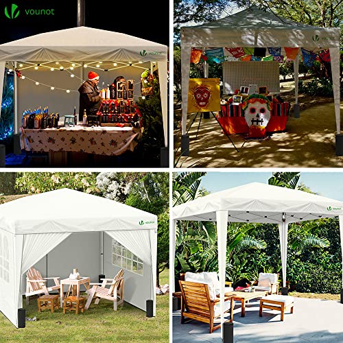 VOUNOT 10*10ft Pop Up Gazebo Tent, Canopy Tent for Parties with Sides & 4 Weight Bags & Carry Bag, Marquee Garden Party Tent Outdoor, White