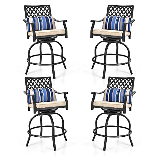 Tangkula Outdoor Bar Height Chair Set, Patio Swivel Chairs with Steel Frame & Soft Cushions, Ergonomic Swivel Chairs with Comfortable Armrest for Poolside, Backyard, Garden, Set of 4