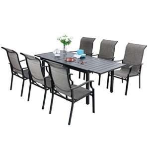 MFSTUDIO 7 Pieces Patio Dining Set, Rectangular Expandable Black Metal Table with 6 Padded Textilene Fabric Chairs, Outdoor Furniture Set for Garden, Poolside, Backyard, Porch