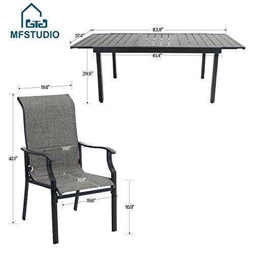 MFSTUDIO 7 Pieces Patio Dining Set, Rectangular Expandable Black Metal Table with 6 Padded Textilene Fabric Chairs, Outdoor Furniture Set for Garden, Poolside, Backyard, Porch