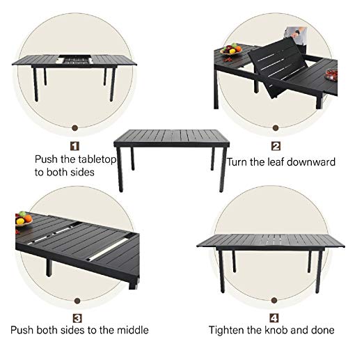 MFSTUDIO 7 Pieces Patio Dining Set, Rectangular Expandable Black Metal Table with 6 Padded Textilene Fabric Chairs, Outdoor Furniture Set for Garden, Poolside, Backyard, Porch