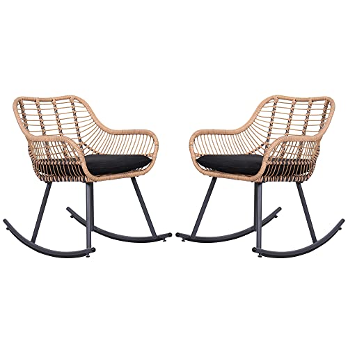 JOIVI 2 Piece Patio Wicker Rocking Chairs, Outdoor Rattan Rocking Chairs Set with Cushions, Front Porch Rocker with Iron Frame, Patio Lawn Garden Furniture