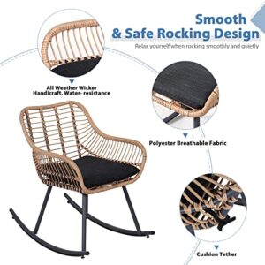 JOIVI 2 Piece Patio Wicker Rocking Chairs, Outdoor Rattan Rocking Chairs Set with Cushions, Front Porch Rocker with Iron Frame, Patio Lawn Garden Furniture