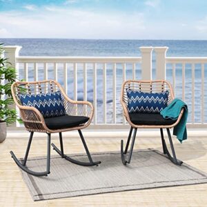 JOIVI 2 Piece Patio Wicker Rocking Chairs, Outdoor Rattan Rocking Chairs Set with Cushions, Front Porch Rocker with Iron Frame, Patio Lawn Garden Furniture