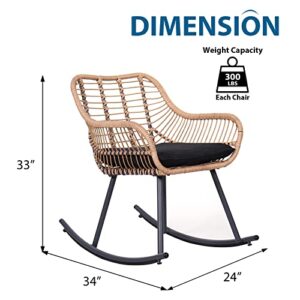 JOIVI 2 Piece Patio Wicker Rocking Chairs, Outdoor Rattan Rocking Chairs Set with Cushions, Front Porch Rocker with Iron Frame, Patio Lawn Garden Furniture