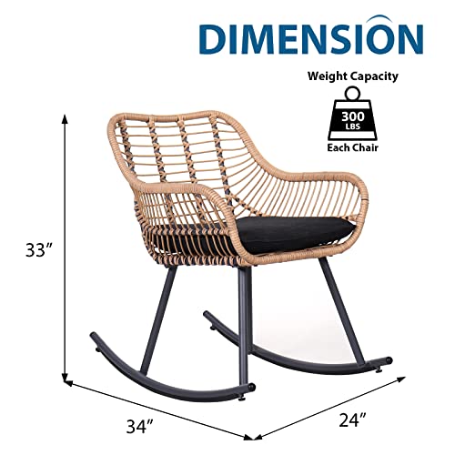 JOIVI 2 Piece Patio Wicker Rocking Chairs, Outdoor Rattan Rocking Chairs Set with Cushions, Front Porch Rocker with Iron Frame, Patio Lawn Garden Furniture