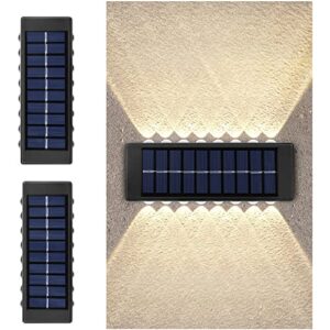 aslidecor 16 led up down solar wall lights, 2 pack warm white solar fence lights waterproof,black solar deck lighting for house garden porch