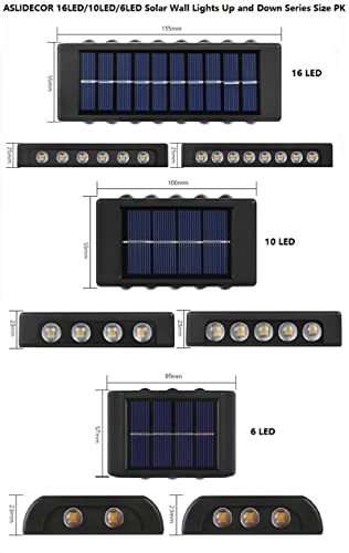 ASLIDECOR 16 Led Up Down Solar Wall Lights, 2 Pack Warm White Solar Fence Lights Waterproof,Black Solar Deck Lighting for House Garden Porch