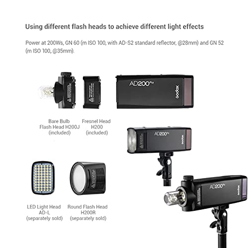 Godox AD200 Pro AD200Pro Flash Strobe Monolight, TTL Pocket Flash Speedlite, 2.4G 200W 1/8000s HSS 2900mAh Li-ion Battery, 500 Full Power Flashes, Bare Bulb/Speedlite Fresnel Flash Head