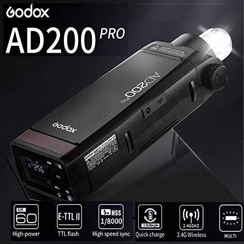 Godox AD200 Pro AD200Pro Flash Strobe Monolight, TTL Pocket Flash Speedlite, 2.4G 200W 1/8000s HSS 2900mAh Li-ion Battery, 500 Full Power Flashes, Bare Bulb/Speedlite Fresnel Flash Head