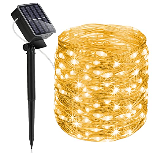 Heaffey Christmas Solar Fairy String Lights Outdoor,40 FT 120 LED 8 Lighting Modes Copper Wire Light,Waterproof Solar Powered Decoration for Wedding Patio Yard Trees Christmas Party(Warm white,1 pack)