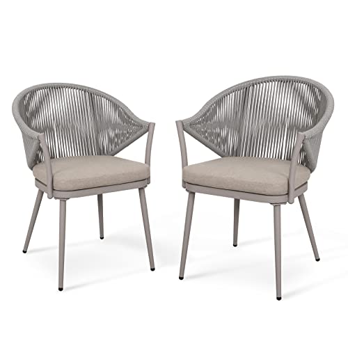 Nuu Garden Outdoor Dining Chairs Set 2, 2 Piece Bistro Dining Chairs, Rope Single Chair Set of 2 with Cushions, Coffee & Light Grey