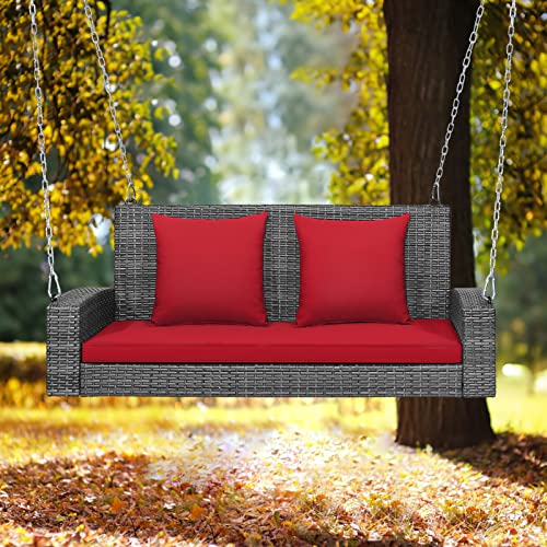 Tangkula 2 Person Wicker Hanging Porch Swing, Patiojoy Outdoor Rattan Swing with Soft Cushions and 2 Rustproof Steel Chains, 800 LBS Patio Swing Bench for Balcony, Garden and Yard (Red)