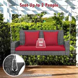 Tangkula 2 Person Wicker Hanging Porch Swing, Patiojoy Outdoor Rattan Swing with Soft Cushions and 2 Rustproof Steel Chains, 800 LBS Patio Swing Bench for Balcony, Garden and Yard (Red)