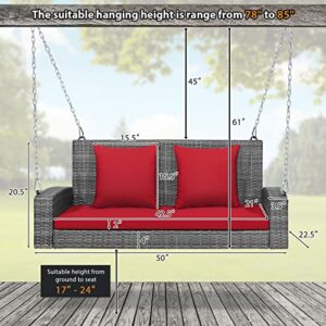 Tangkula 2 Person Wicker Hanging Porch Swing, Patiojoy Outdoor Rattan Swing with Soft Cushions and 2 Rustproof Steel Chains, 800 LBS Patio Swing Bench for Balcony, Garden and Yard (Red)