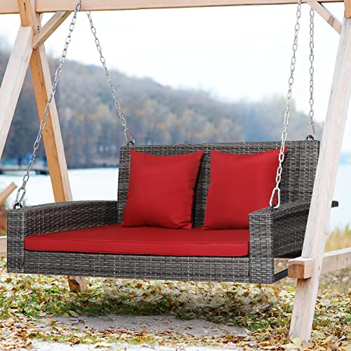 Tangkula 2 Person Wicker Hanging Porch Swing, Patiojoy Outdoor Rattan Swing with Soft Cushions and 2 Rustproof Steel Chains, 800 LBS Patio Swing Bench for Balcony, Garden and Yard (Red)