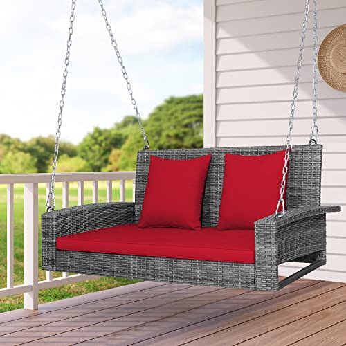 Tangkula 2 Person Wicker Hanging Porch Swing, Patiojoy Outdoor Rattan Swing with Soft Cushions and 2 Rustproof Steel Chains, 800 LBS Patio Swing Bench for Balcony, Garden and Yard (Red)