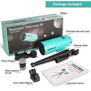 Maksutov-Cassegrain Telescope for Adults Kids Astronomy Beginners, Sarblue Mak60 Catadioptric Compound Telescope 750x60mm, Compact Portable Travel Telescope, with Tabletop Tripod Phone Adapter