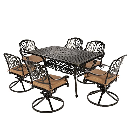 VIVIJASON 7-Piece Patio Furniture Dining Set, All-Weather Cast Aluminum Outdoor Conversation Set, Include 6 Swivel Dining Chairs and a Rectangle Table with Umbrella Hole for Lawn Garden Backyard