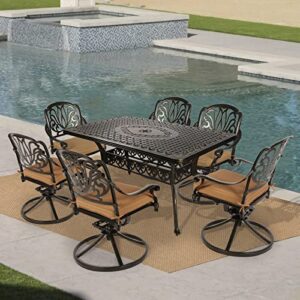 VIVIJASON 7-Piece Patio Furniture Dining Set, All-Weather Cast Aluminum Outdoor Conversation Set, Include 6 Swivel Dining Chairs and a Rectangle Table with Umbrella Hole for Lawn Garden Backyard