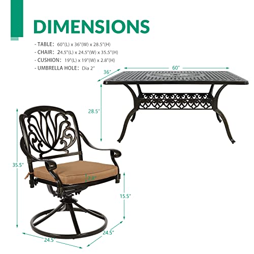 VIVIJASON 7-Piece Patio Furniture Dining Set, All-Weather Cast Aluminum Outdoor Conversation Set, Include 6 Swivel Dining Chairs and a Rectangle Table with Umbrella Hole for Lawn Garden Backyard