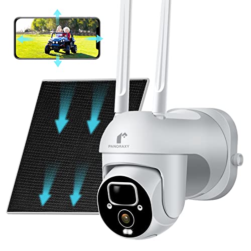 P Panoraxy 2.5K 4MP Solar Security Camera Wireless Outdoor 360°View 2.4G WiFi Home PTZ Camera, Color Night Vision Battery Powered, Motion＆Human Detect, Pan Tile, Works with Alexa & Google Assistant