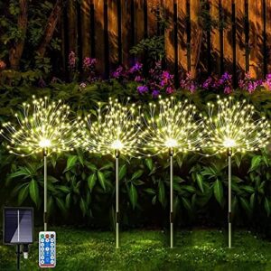 tielreala solar firework lights 4 pack 480 led fireworks solar lights outdoor with remote,8 lighting modes diy solar garden lights for garden pathway yard decor christmas (warm white)