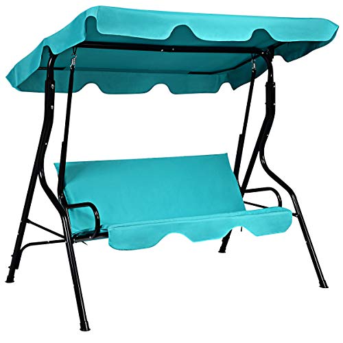 Tangkula 3 Person Porch Swing, Patio Swing with Soft Cushion & Powder-Coated Steel Frame, Outdoor Swing with Canopy for Porch, Backyard, Garden, Balcony (Turquoise)